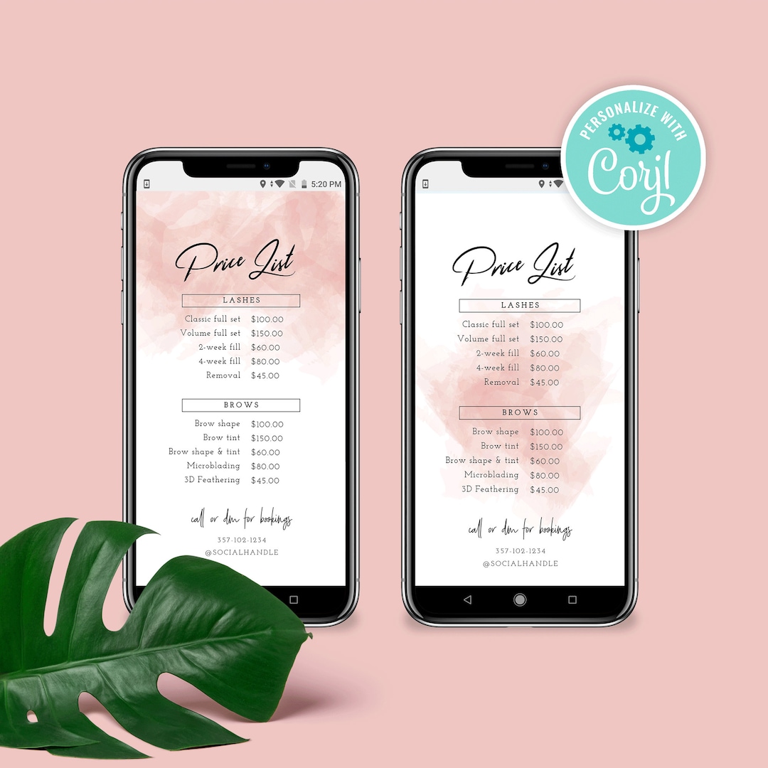 Instagram Price List Template, Digital Watercolor Price List, Salon ...