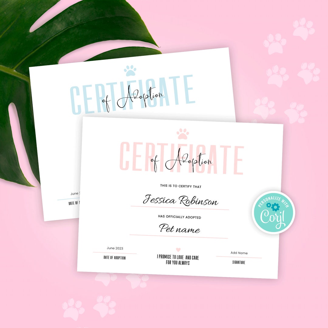 Pet Adoption Certificate Template, Custom Cat & Dog Shelter Certificate ...