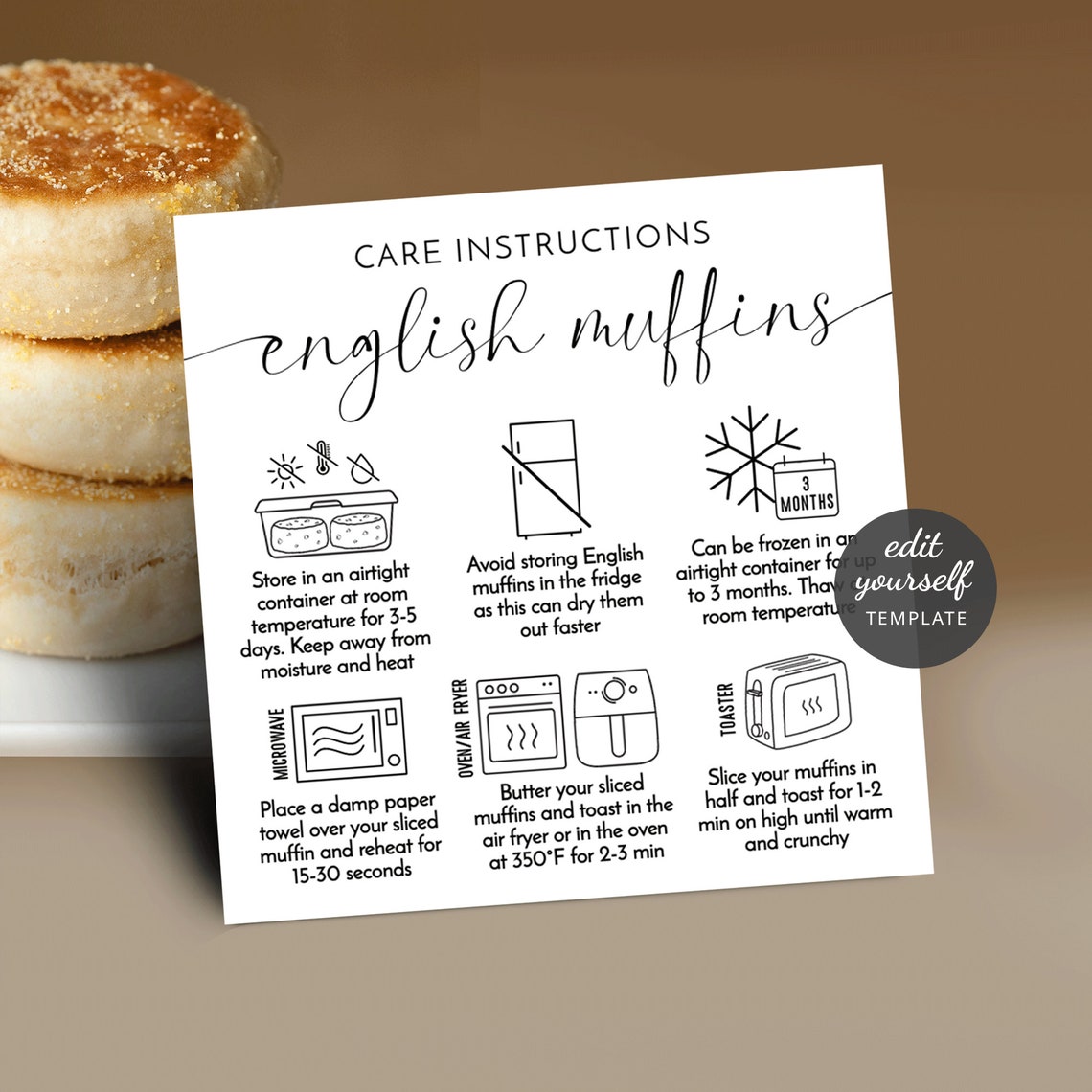 English Muffins Care Card Template, Custom Crumpets Storage & Reheating ...