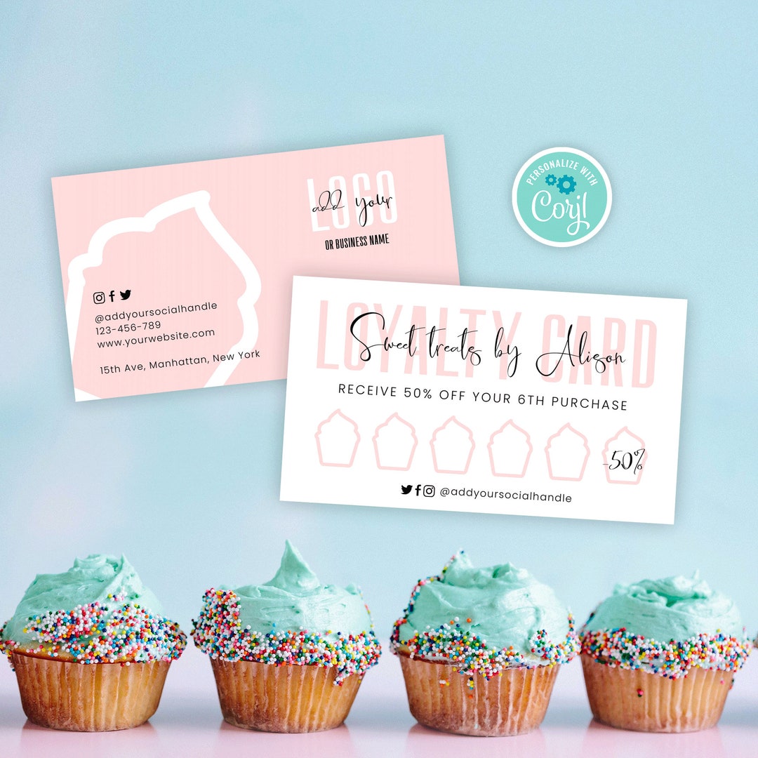 Bakery Loyalty Card Template, Feminine Cupcakes Reward Cards, Cookies ...