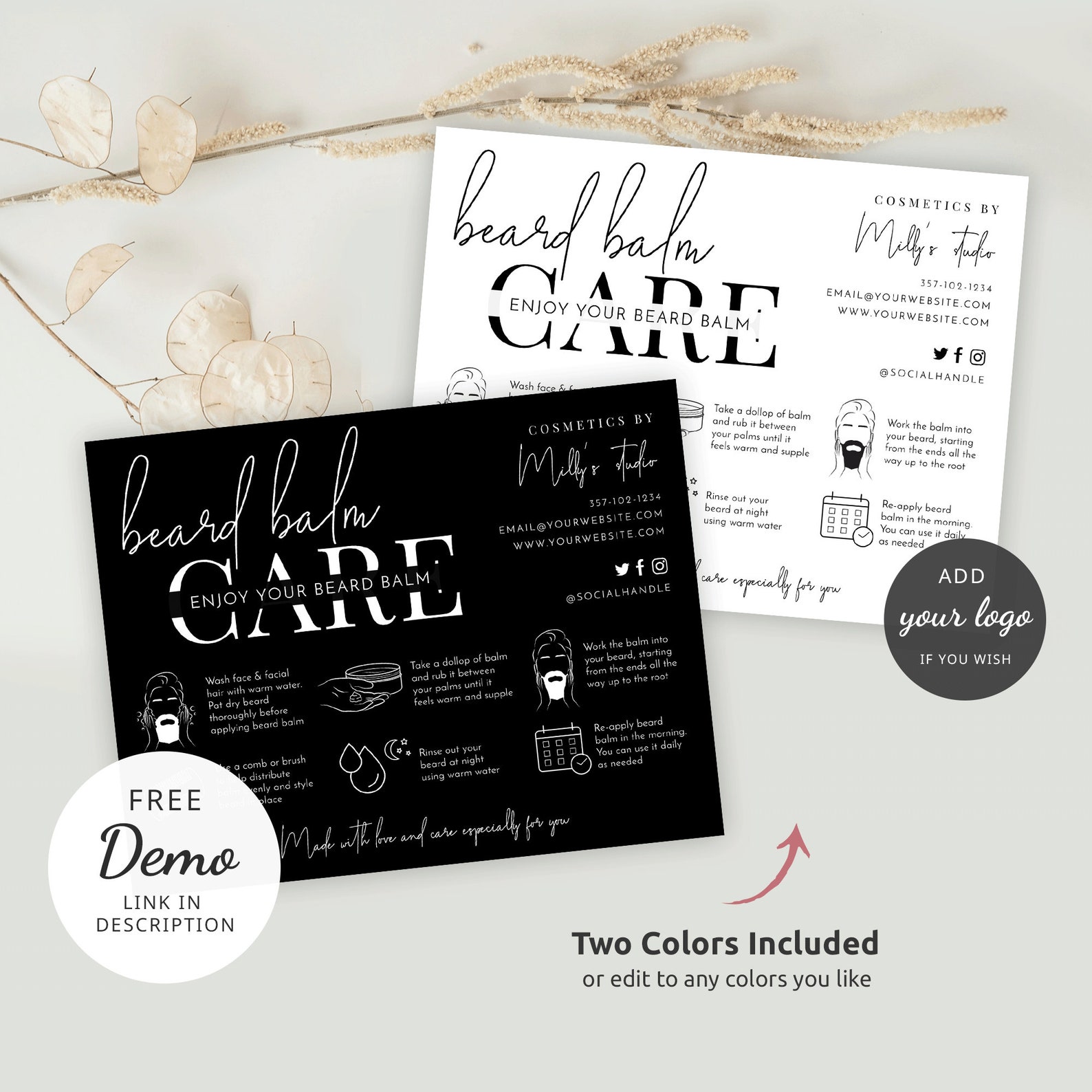 Beard Balm Care Card Template, Editable Beard & Moustache Pomade ...