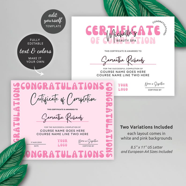 Certificate of Completion Canva Template, Retro Pink Design, Custom ...