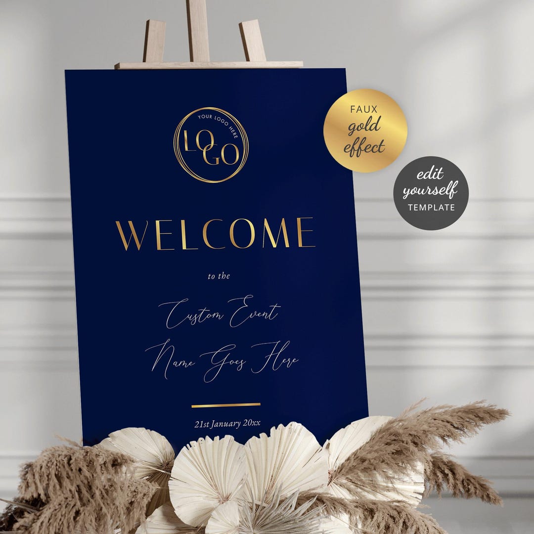 Business Event Welcome Sign Template: Navy & Gold Corporate Party Easel ...