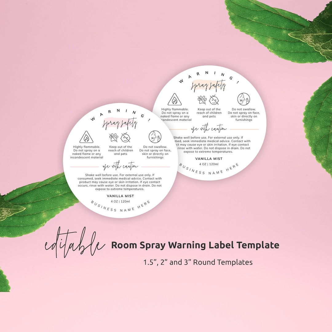 Room Spray Warning Label Template, Editable Spray Bottle Safety Round ...