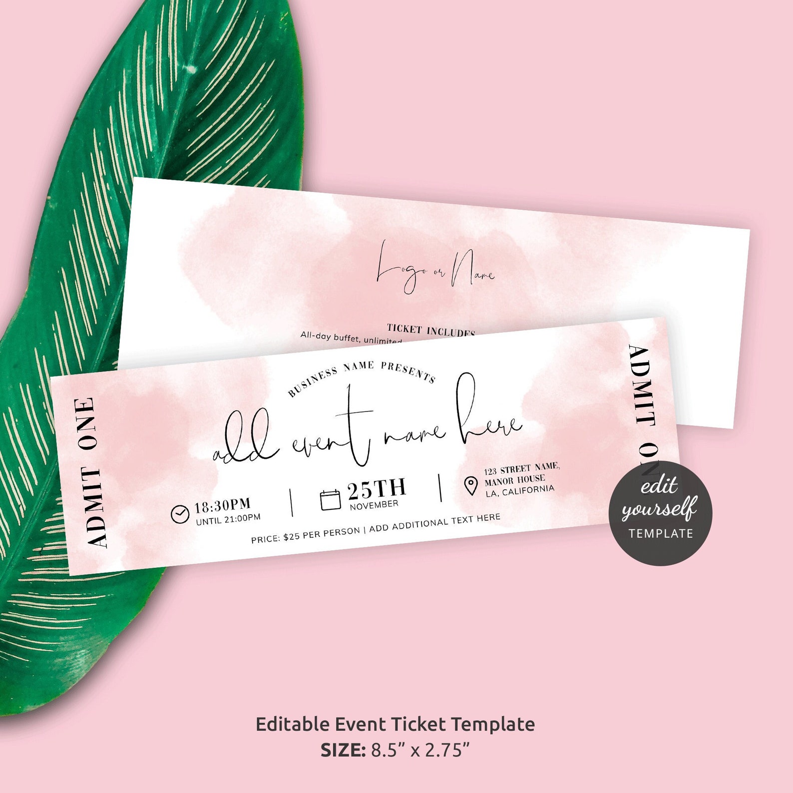 Editable Ticket Template Blush Pink Watercolor, Printable Event Entry ...