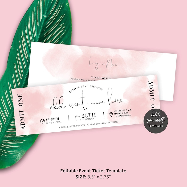 Editable Ticket Template Blush Pink Watercolor Printable - Etsy