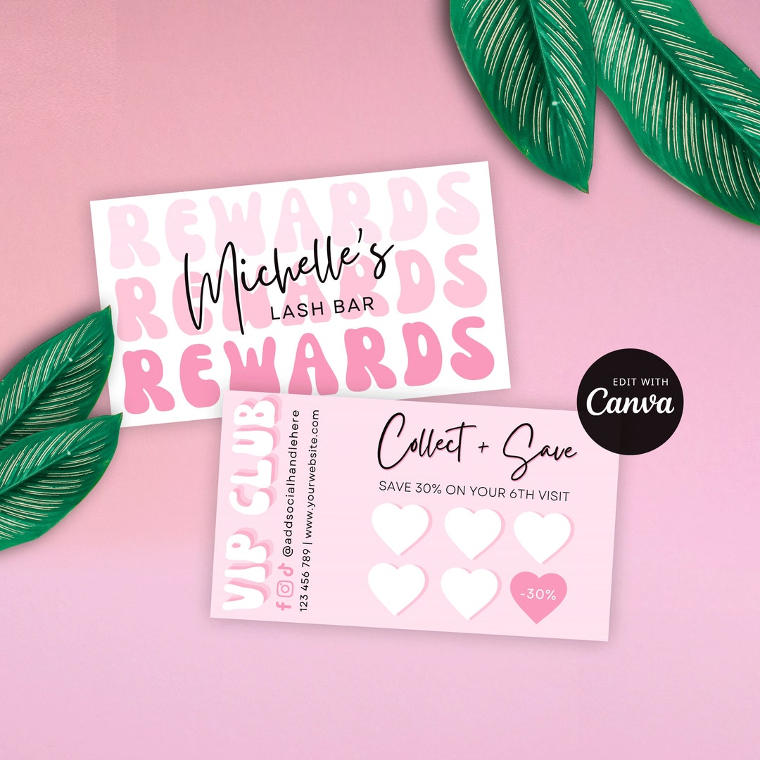 Retro Pink Loyalty Card Template, Editable Reward Cards Feminine Pink ...