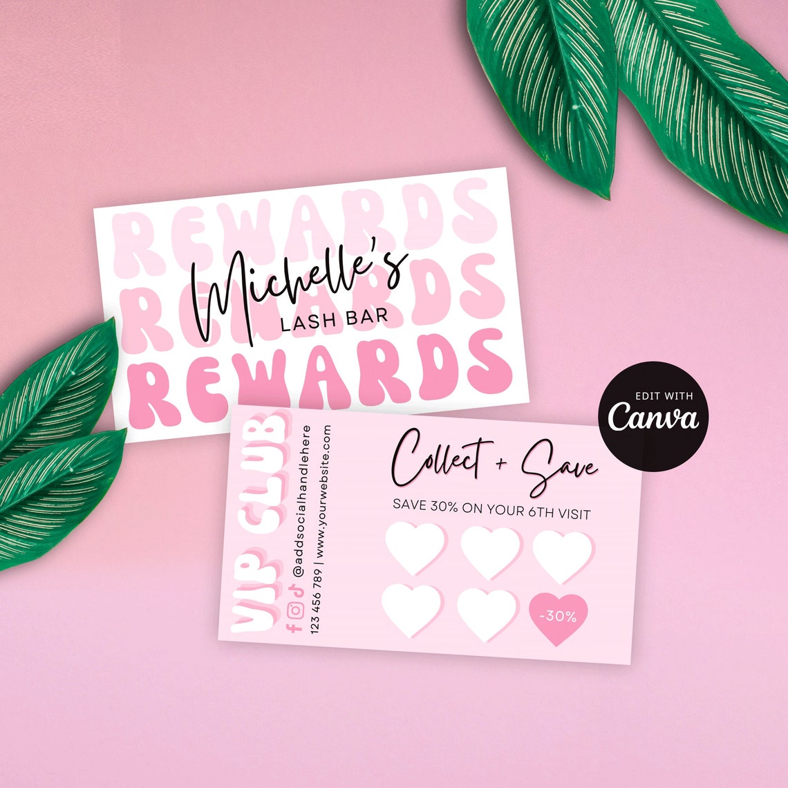 Retro Pink Loyalty Card Template Editable Reward Cards - Etsy