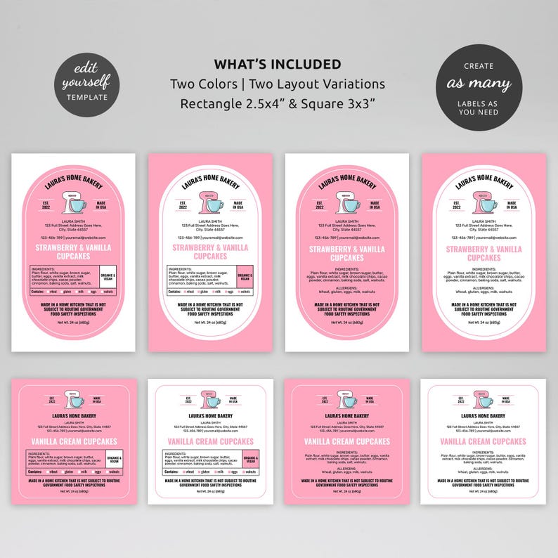 Pink Bakery Cottage Law Labels Template, Feminine Food License Stickers ...