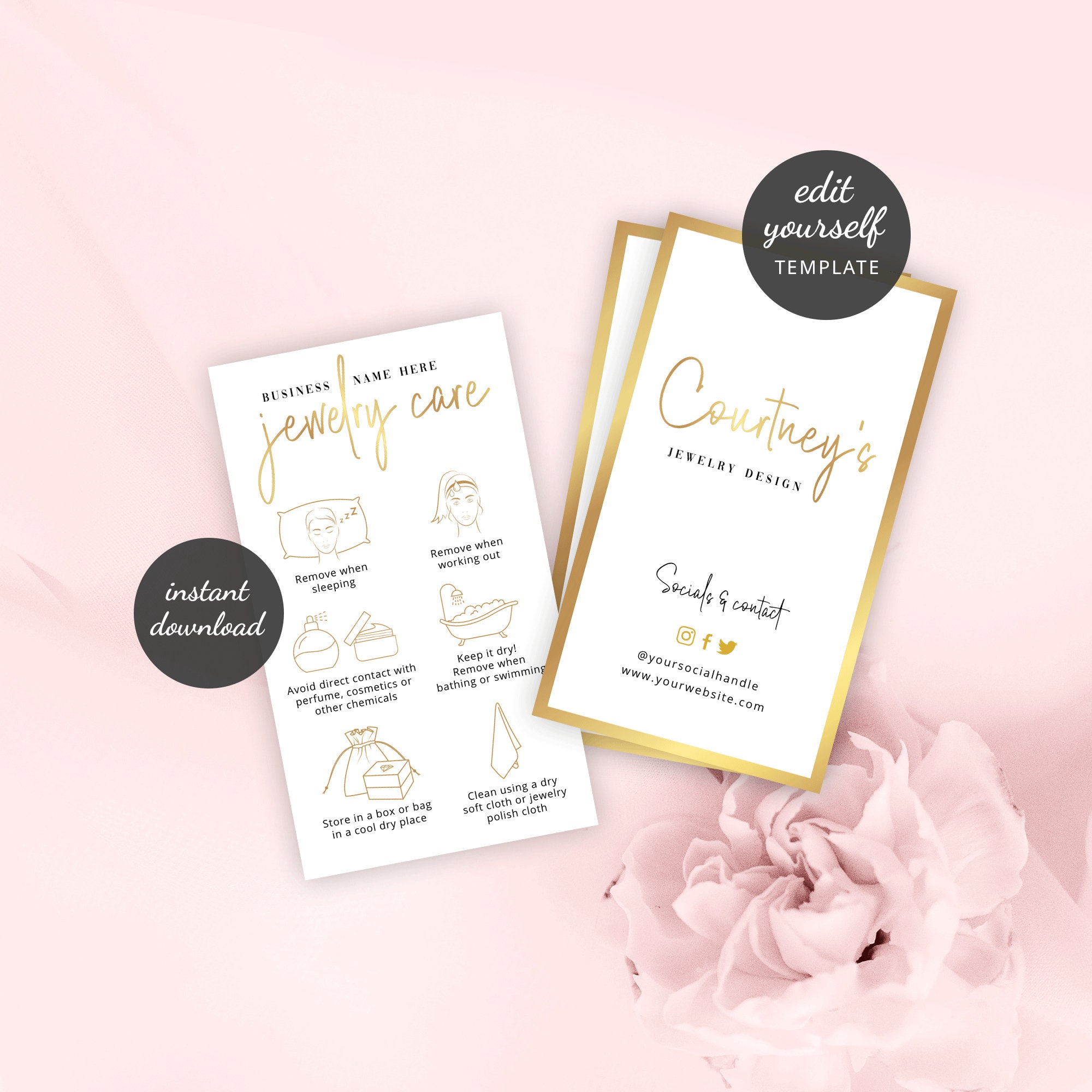 Custom Jewelry Care Cards, Gold Effect Jewellery Care Guide Template ...
