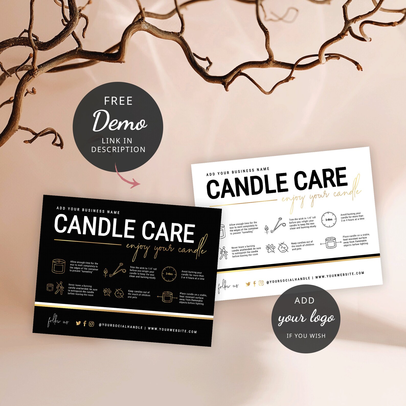 Custom Candle Care Card, Editable Candle Care Instructions, Faux Gold ...