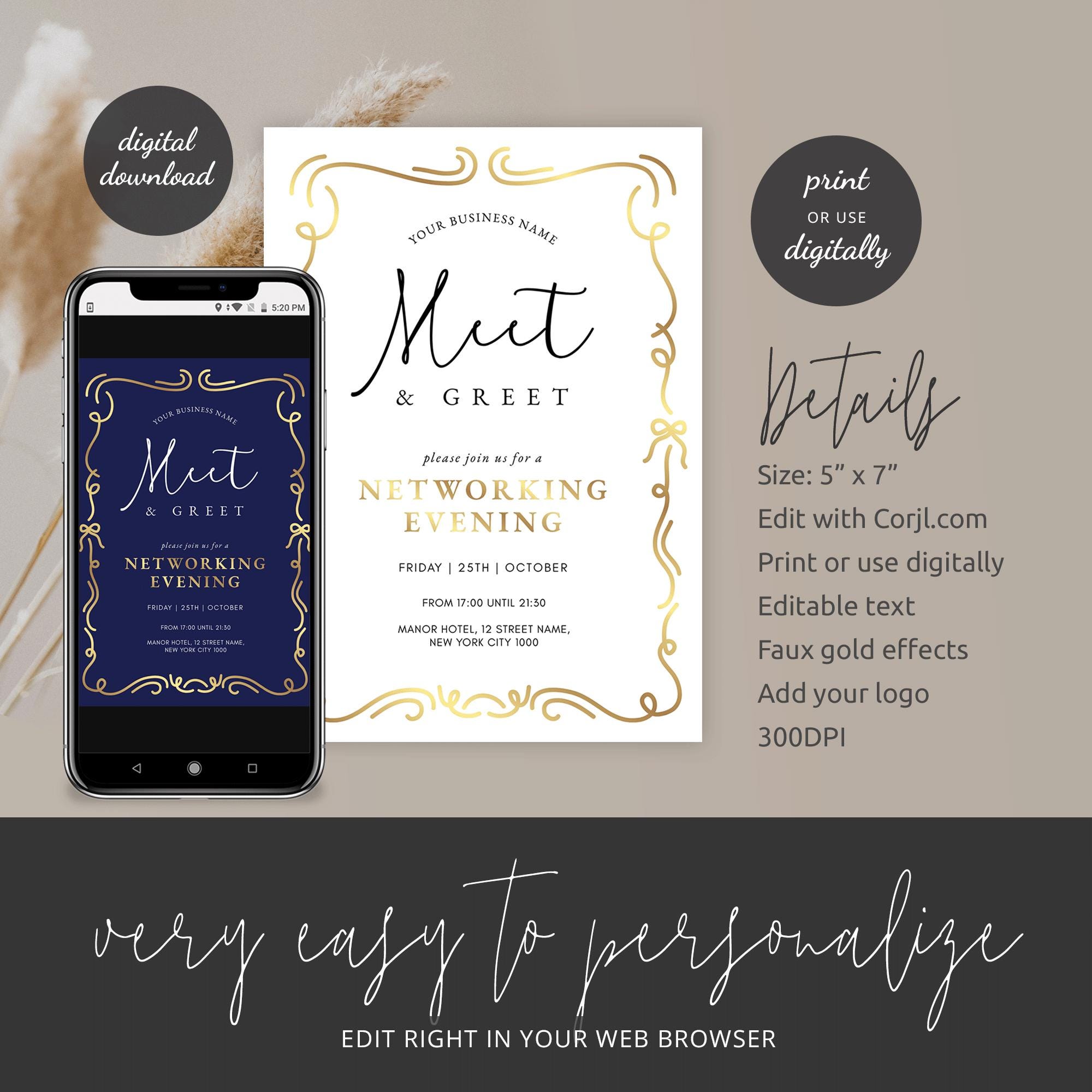 Custom Meet & Greet Invitation Template, Navy and Gold, Business ...