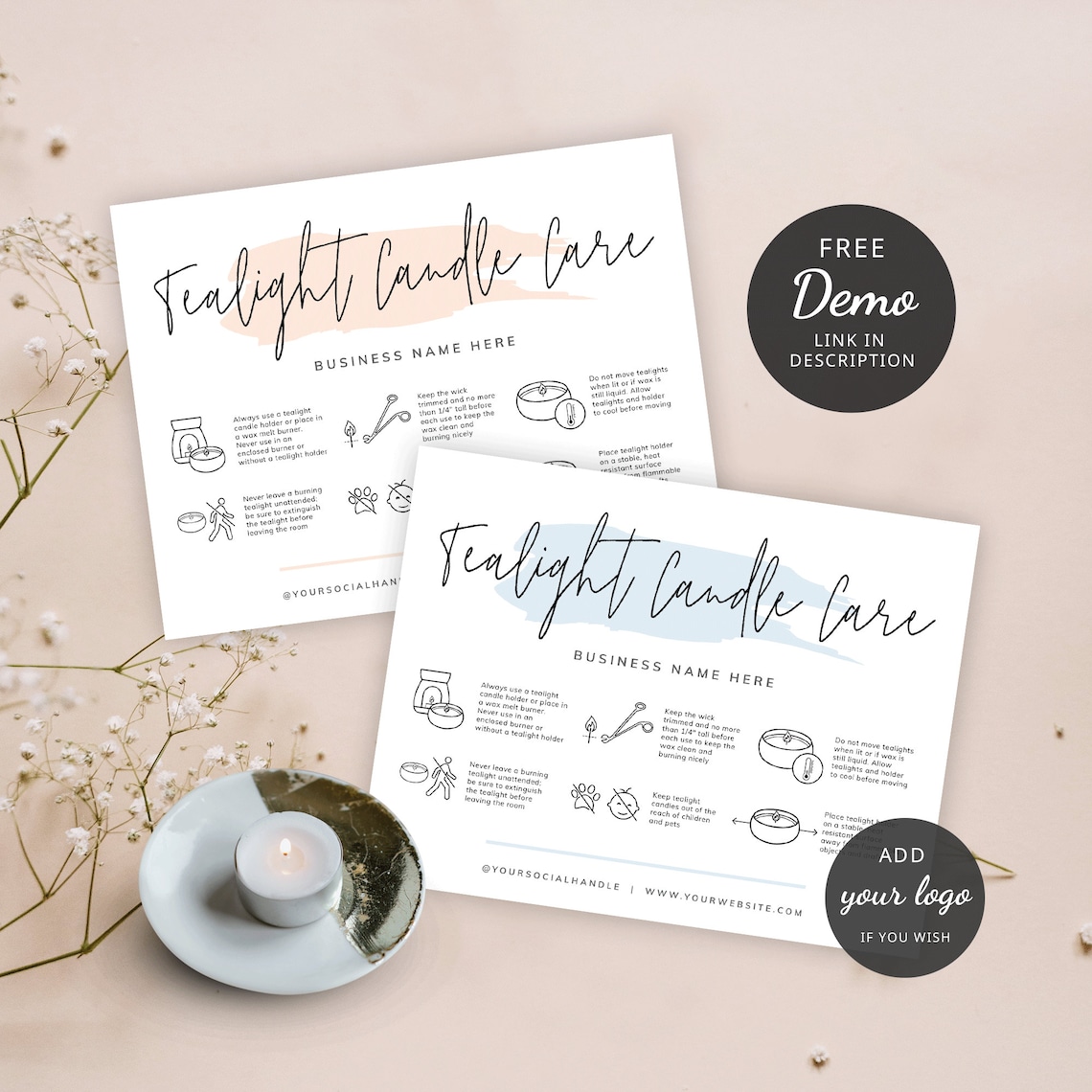 Tealight Candle Care Card, Printable Tea Lights Warning Template, Pink ...