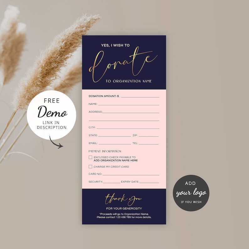 Editable Donation Card Template, Navy & Gold Fundraiser Donor Form ...