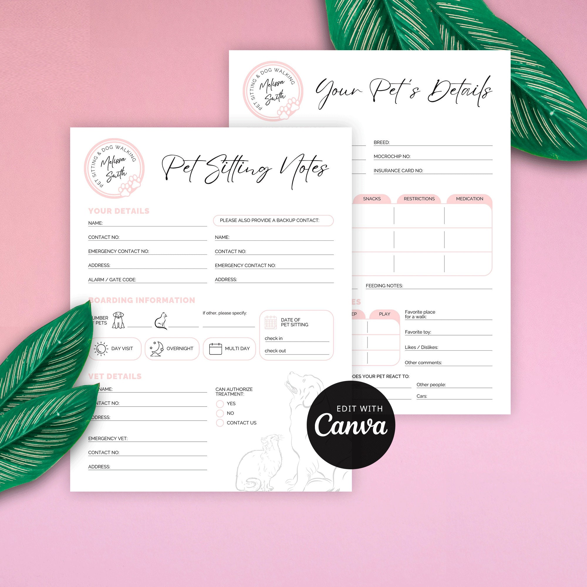 Pet Sitter Templates Canva, Custom Pet Boarding Forms, Printable Dog ...