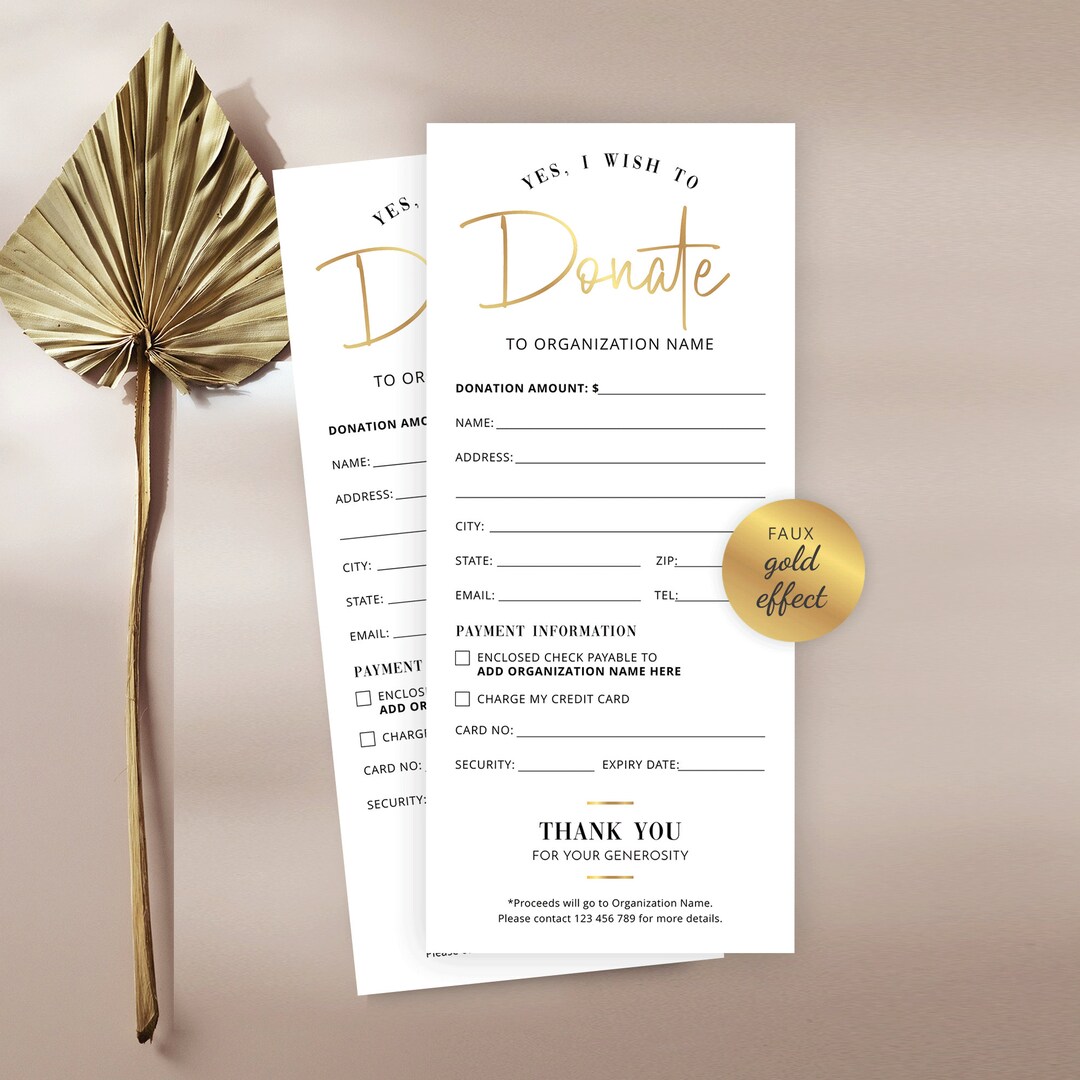 Faux Gold Donation Card Template, Customizable Fundraiser Donor Form ...