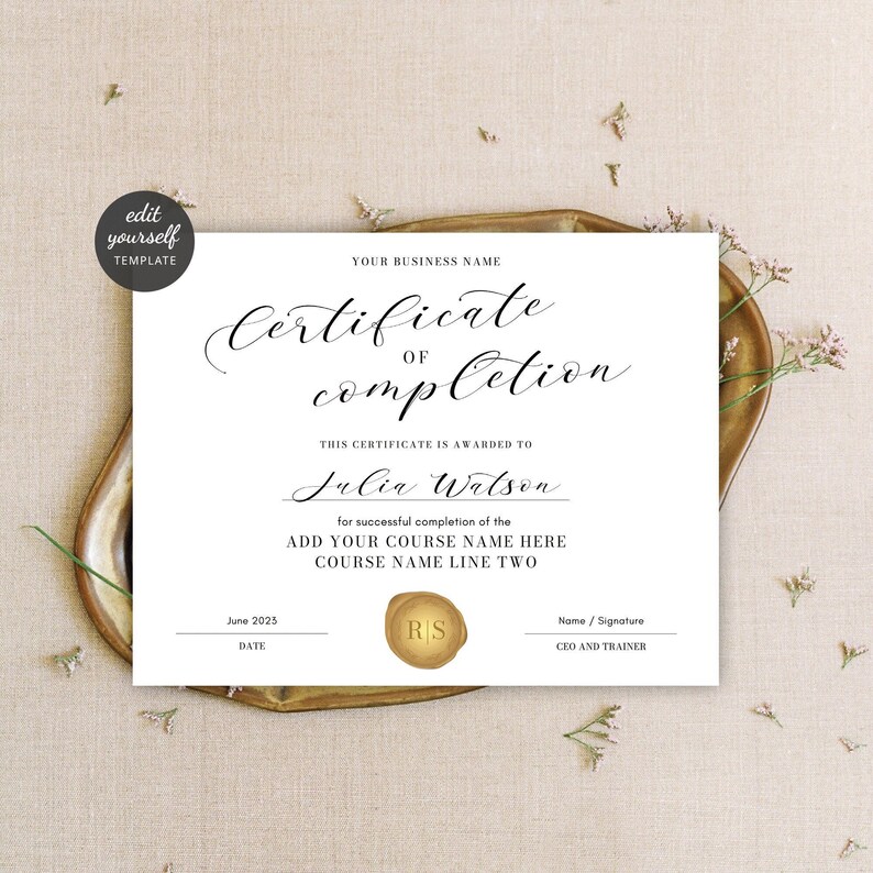 Elegant Completion Certificate Template With Calligraphy Font - Etsy