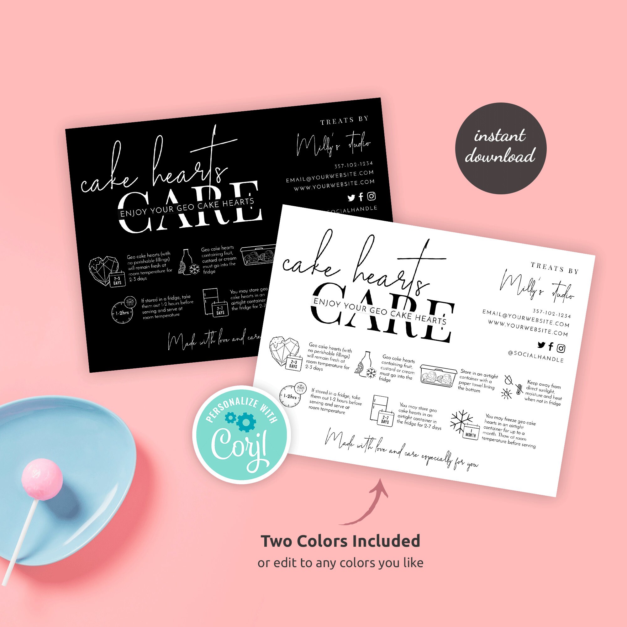 Custom Cake Hearts Care Card Minimalist Cake Gems Care Guide | Etsy