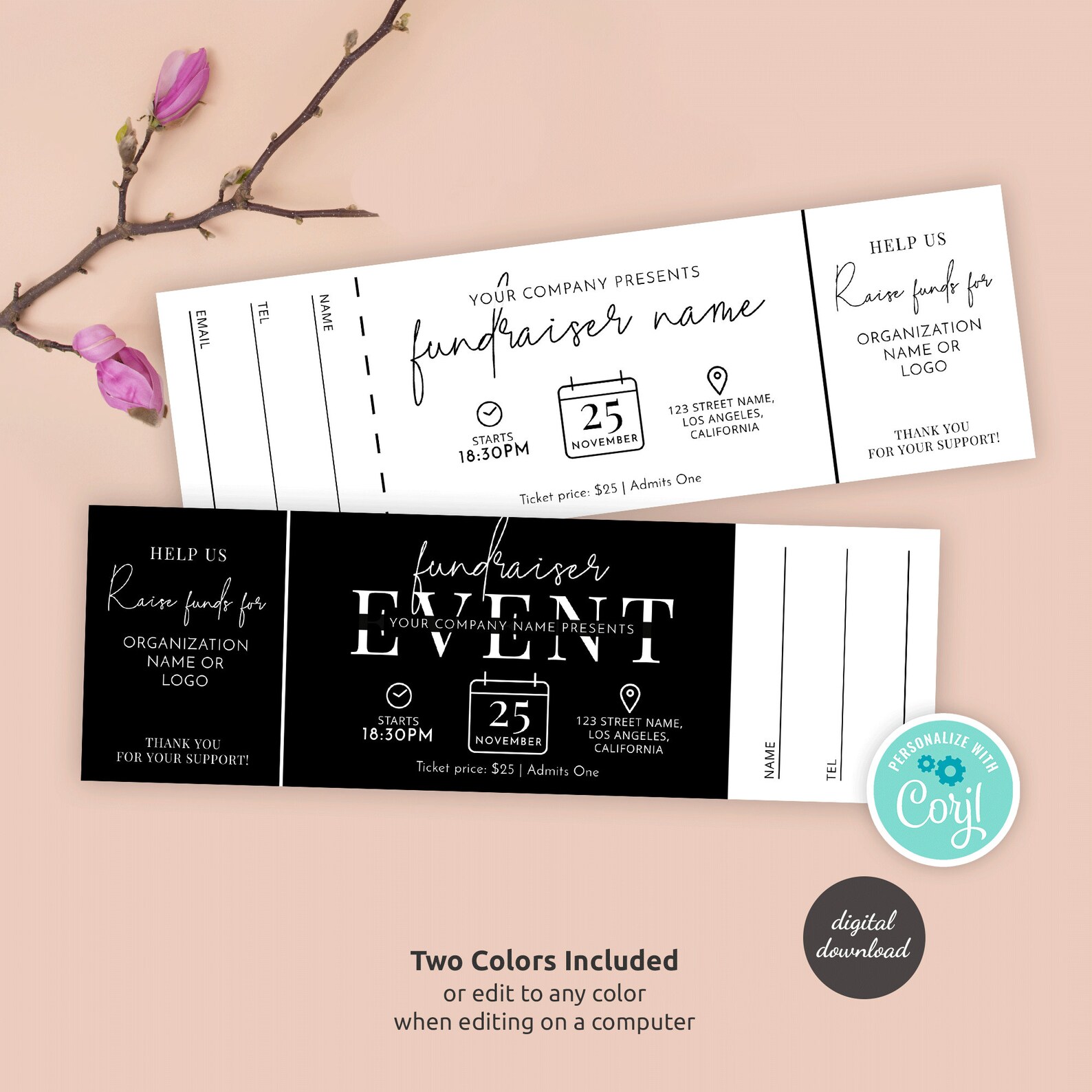 Minimalist Charity Ticket Template, Fundraiser Raffle Token Printable ...