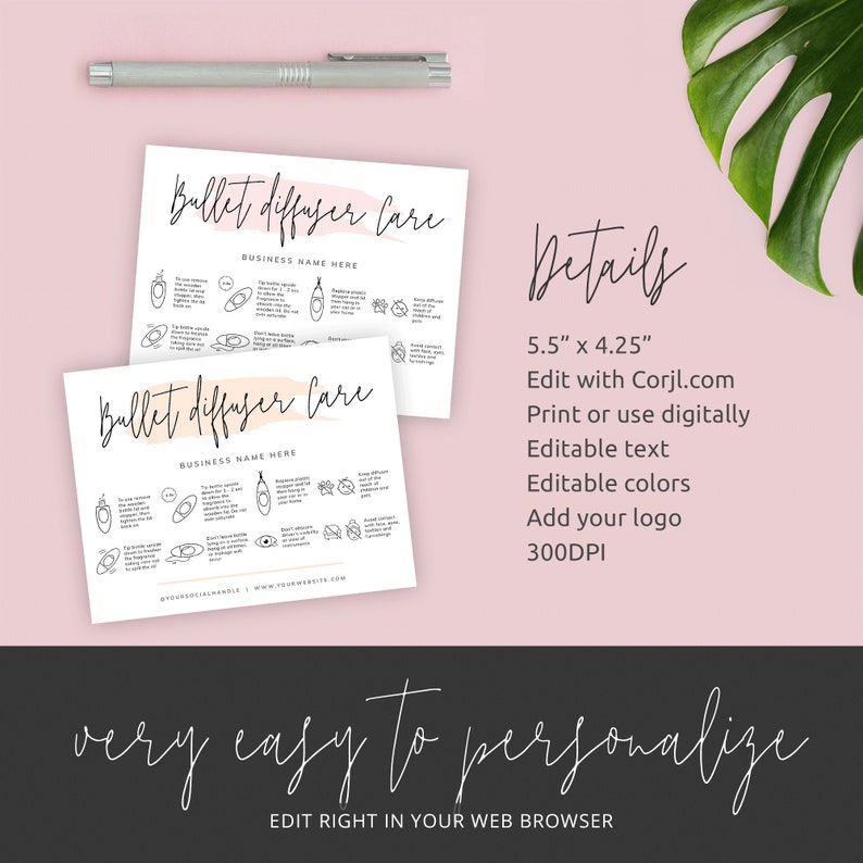 Hanging Diffuser Care Template, Custom Bullet Diffuser Care Cards ...