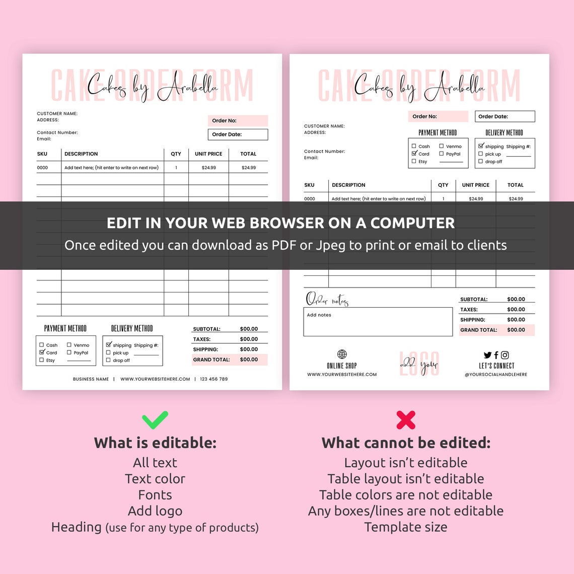 Cake Order Form Template, Editable Bakery Invoice Design, Instant ...