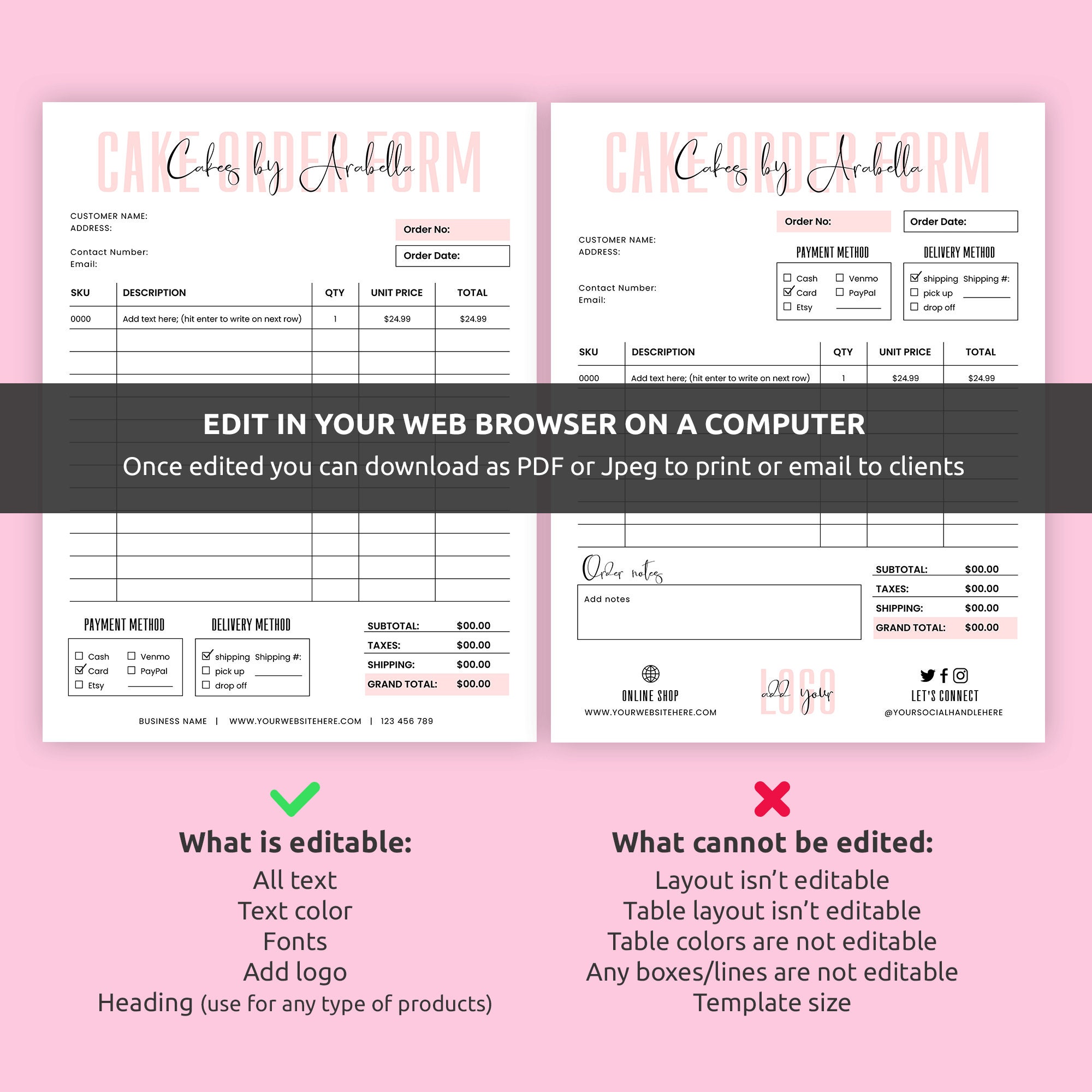 Cake Order Form Template, Editable Bakery Invoice Design, Instant ...