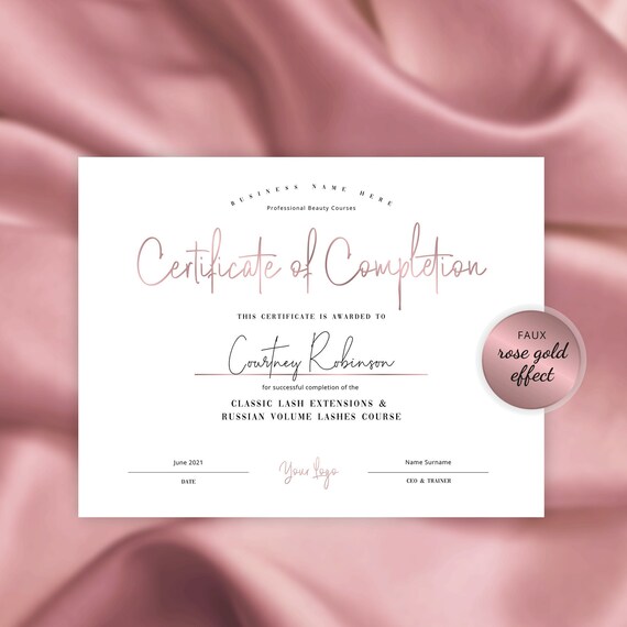 Rose Gold Completion Certificate Template Customizable - Etsy