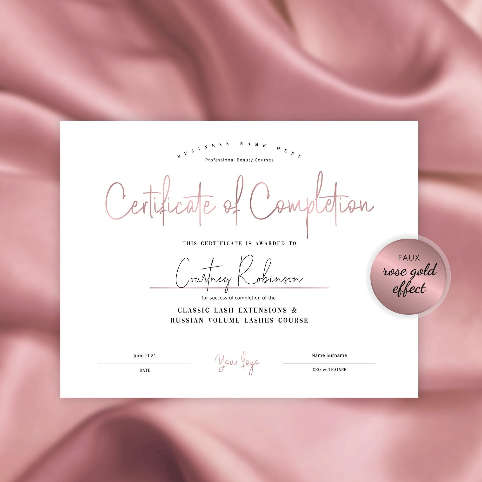 Rose Gold Completion Certificate Template Customizable - Etsy