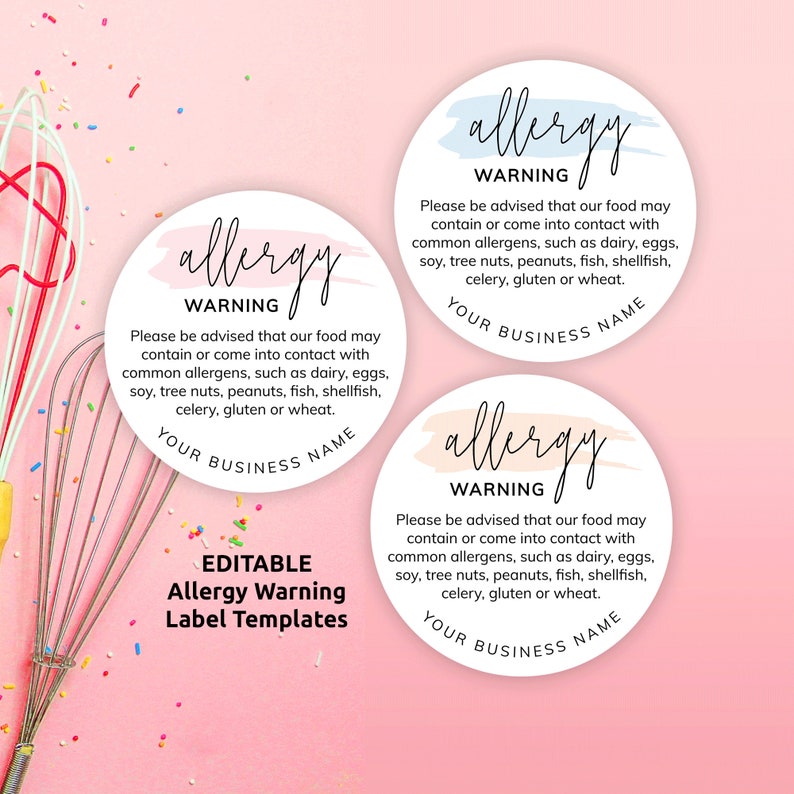 Allergy Warning Label Template, Feminine Food Allergens Sticker 1.5" 2 ...