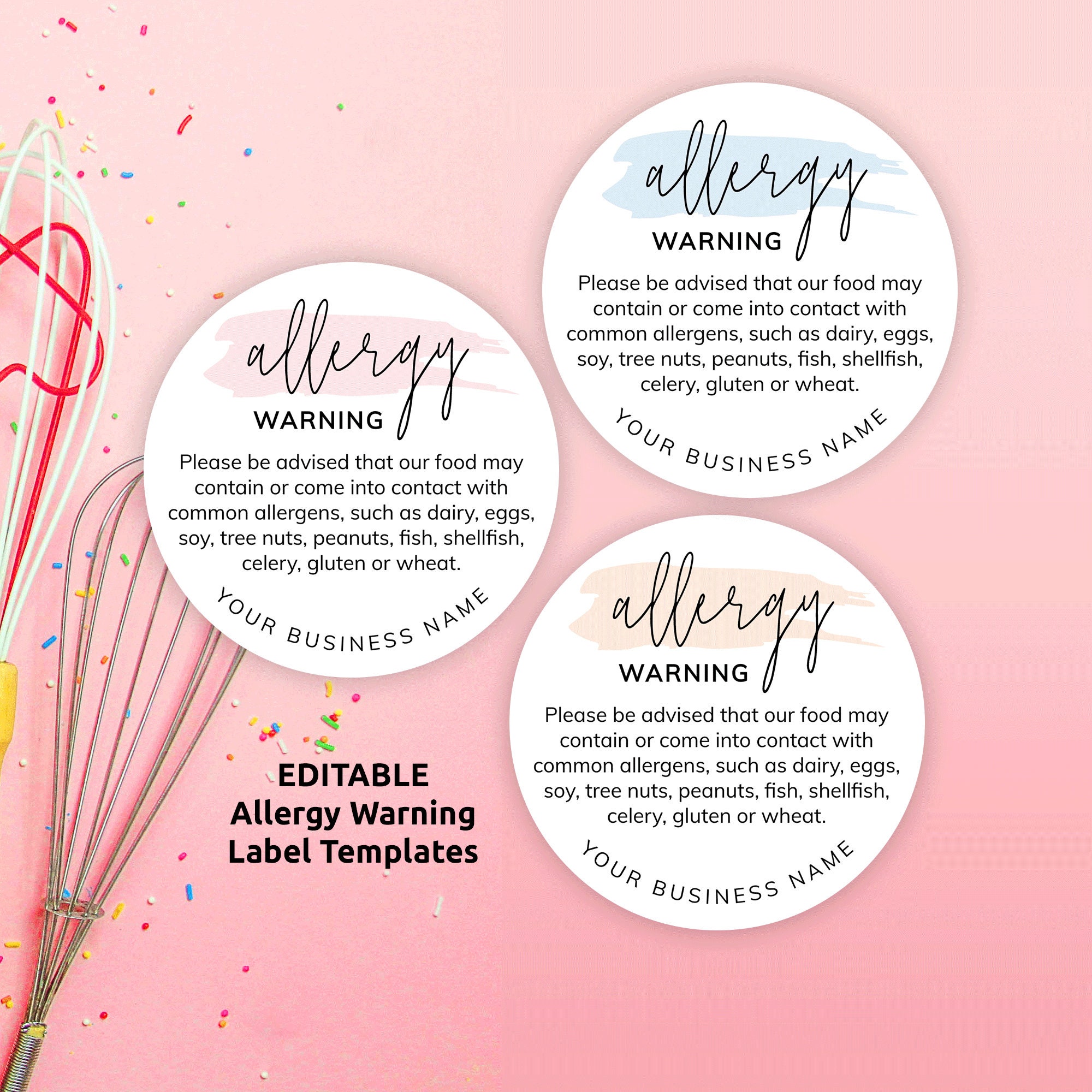 Allergy Warning Label Template, Feminine Food Allergens Sticker 1.5" 2 ...
