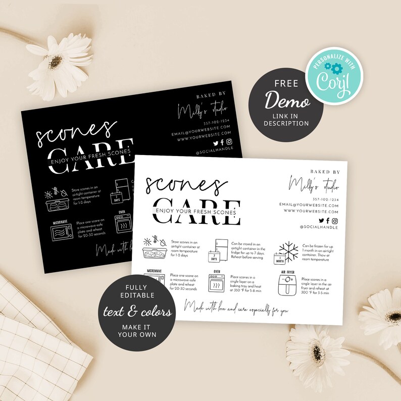 Minimalist Scones Care Card Template, Scones Storage & Reheating ...