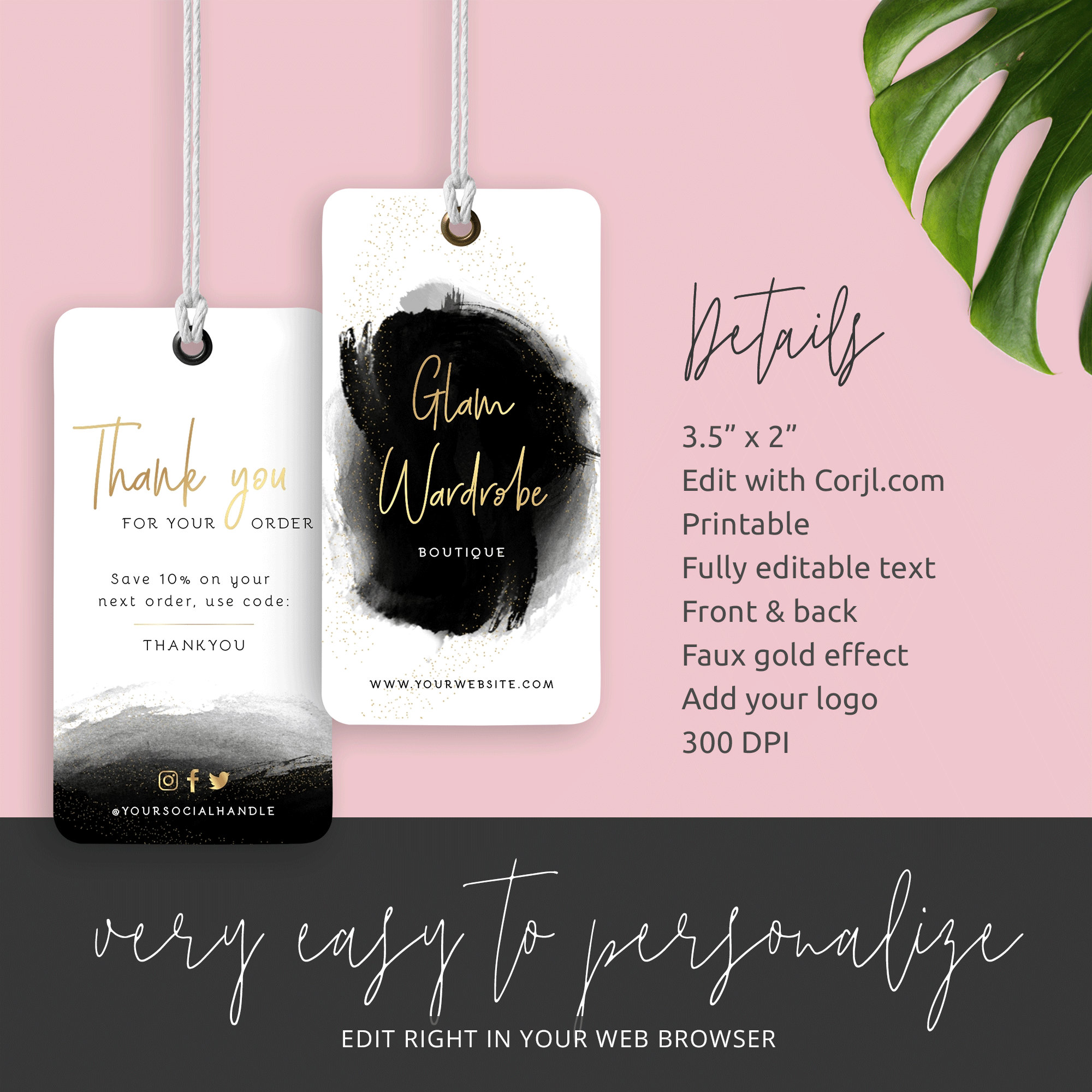 Black & Gold Hang Tag Template, Editable Swing Tag Design, Printable ...