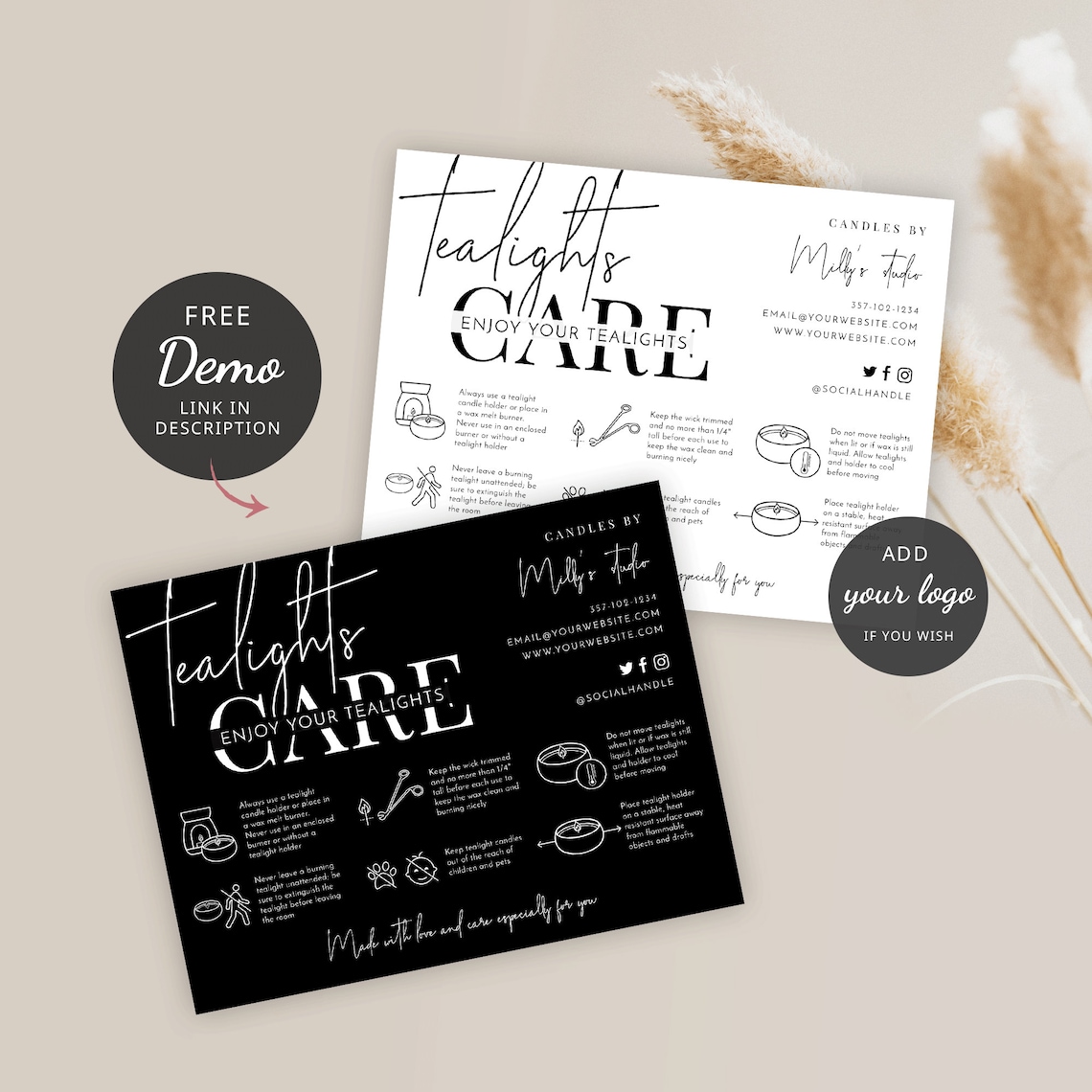 Tea Lights Care Card Template, Editable Tealight Candles Warning Label ...