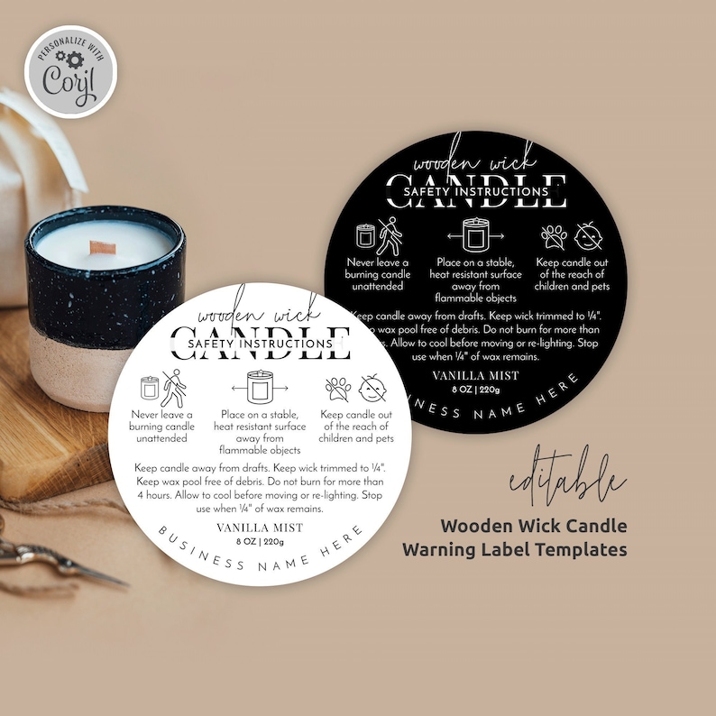 Wooden Wick Candle Warning Label Template, Printable Candle Jar Safety ...