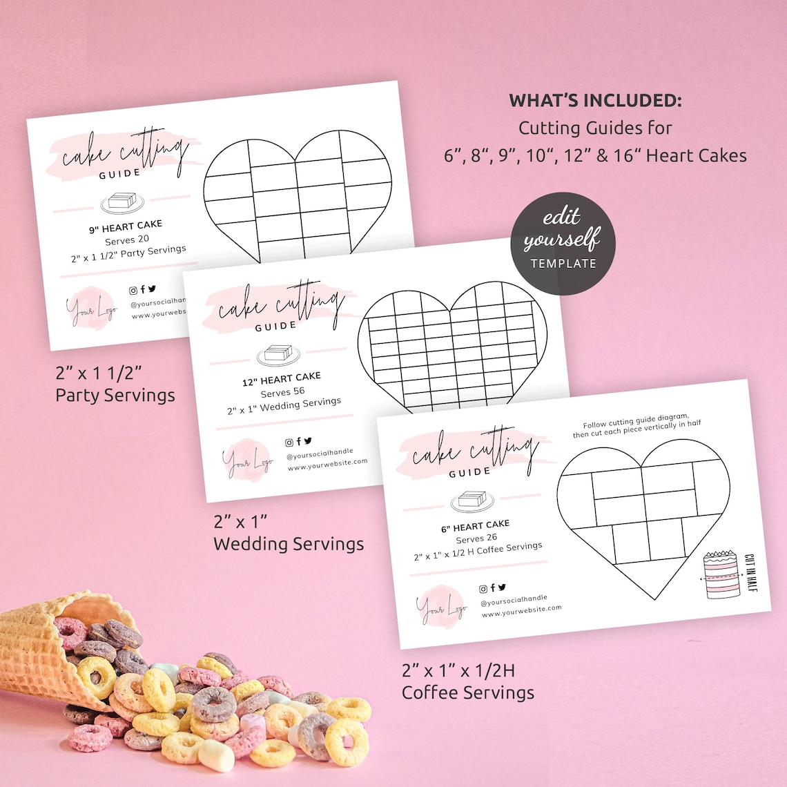Heart Cake Cutting Guides Template, Custom Cake Serving Instructions ...
