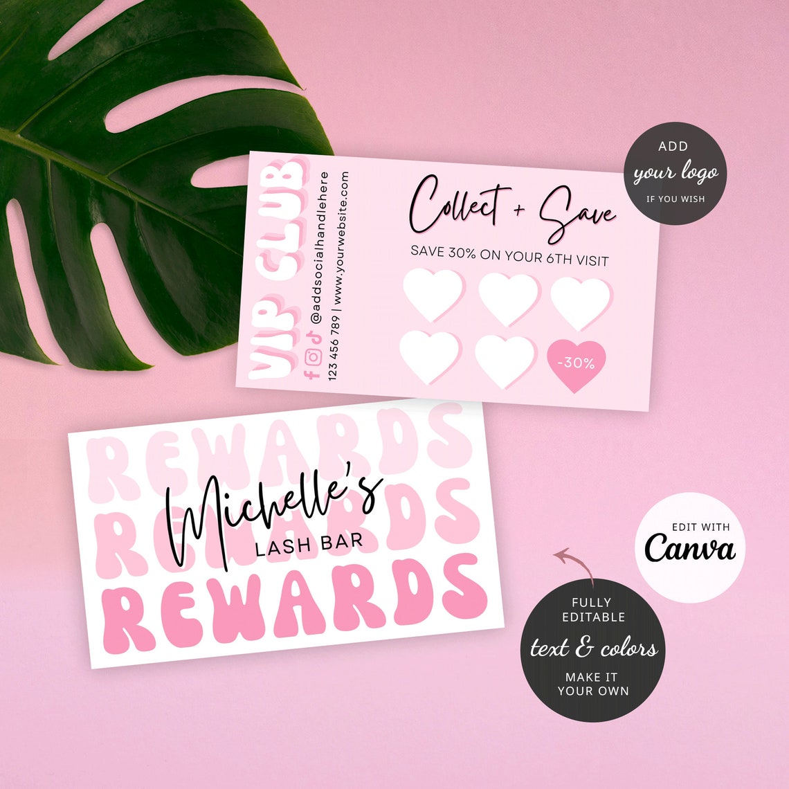 Retro Pink Loyalty Card Template Editable Reward Cards - Etsy