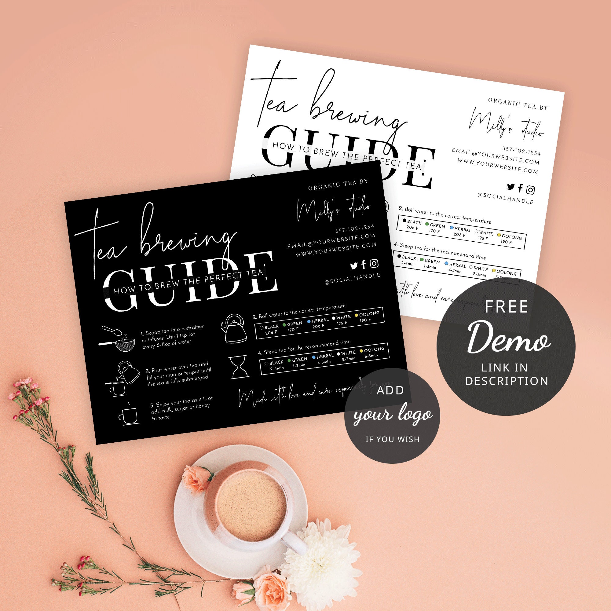 Editable Tea Brewing Guide, Loose Tea Steeping Instructions Template ...