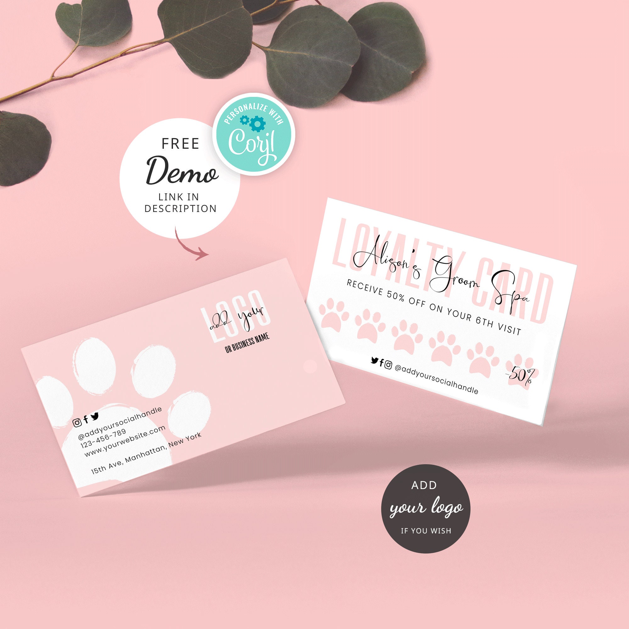 Pet Salon Loyalty Card Template, Dog Groomer Rewards Cards Blush Pink ...