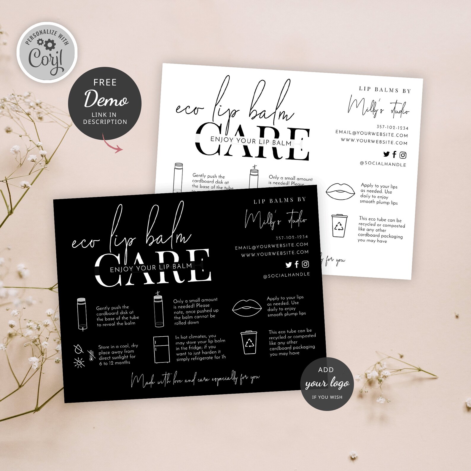 Eco Lip Balm Care Card Template, Custom Natural Lip Balm Application ...