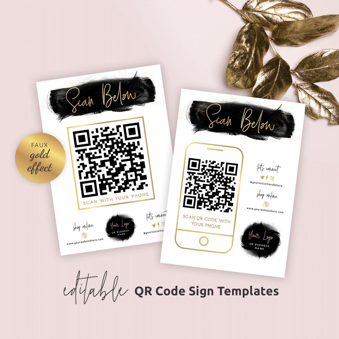 QR Code Board Template, Editable QR Scan Sign Design, Black & Gold Scan ...