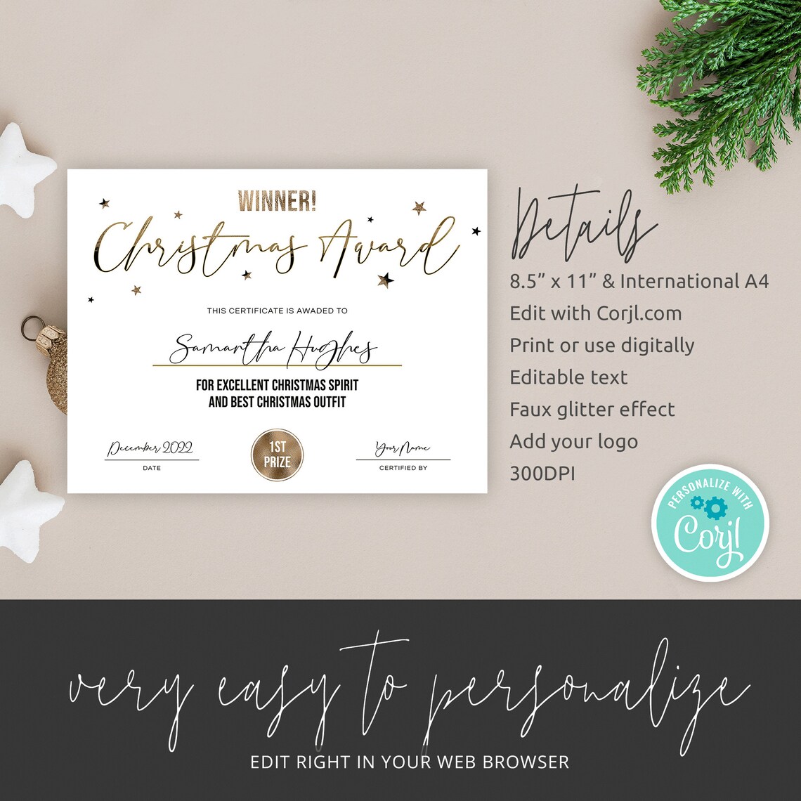 Christmas Certificate Template Festive Participation Award - Etsy