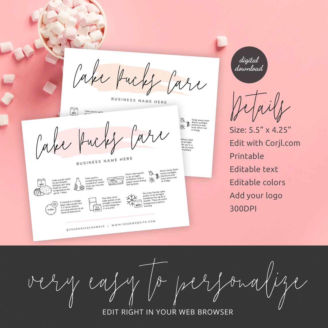 Editable Cake Pucks Care Card Template Printable Cake Treats - Etsy