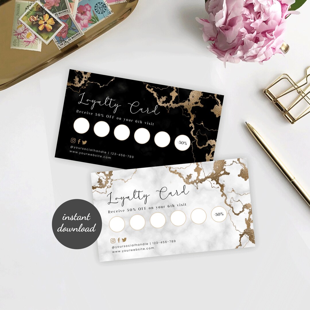 DIY Loyalty Card Template, Beauty Salon Rewards Card Black Marble and ...