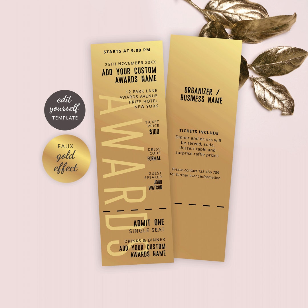Gold Event Ticket Template, Elegant Awards Ceremony Entry Pass 8.5x2.75 ...