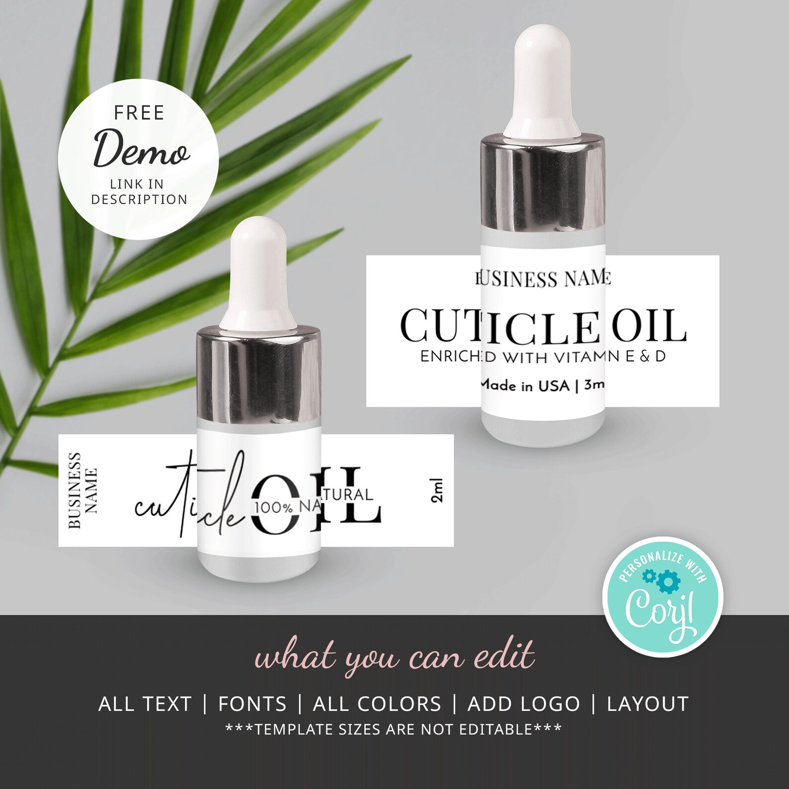 Mini Dropper Bottle Label Template, Editable Cuticle Oil Wraparound ...