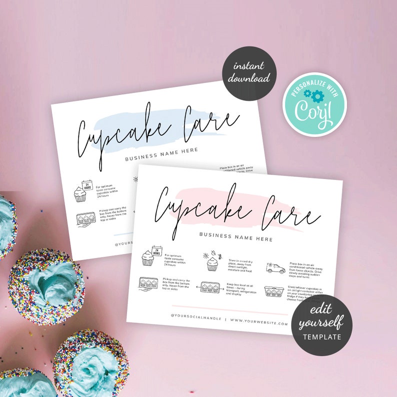 Editable Cupcake Care Card, Printable Cupcakes Care Guide Template ...