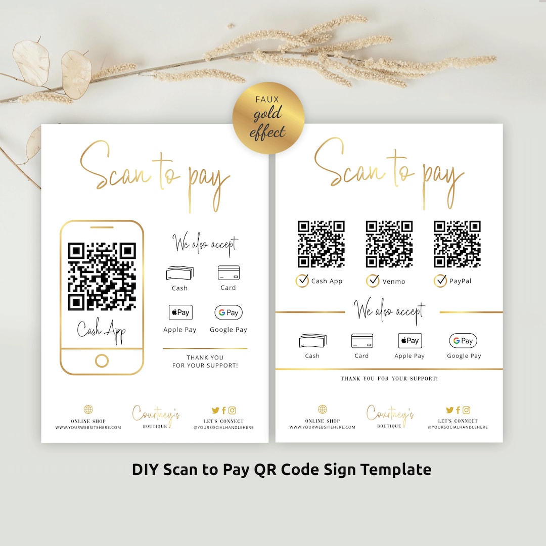 Custom Scan to Pay QR Code Sign Template, White and Gold, Scannable ...
