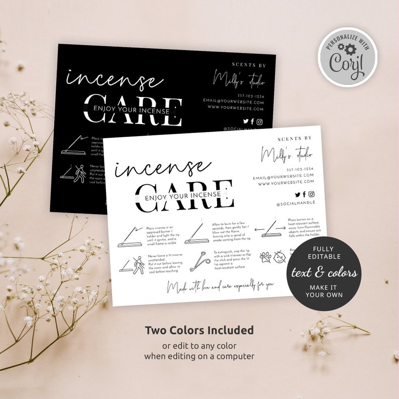 Custom Incense Care Guide Template, Minimalist Scented Stick Care Card ...
