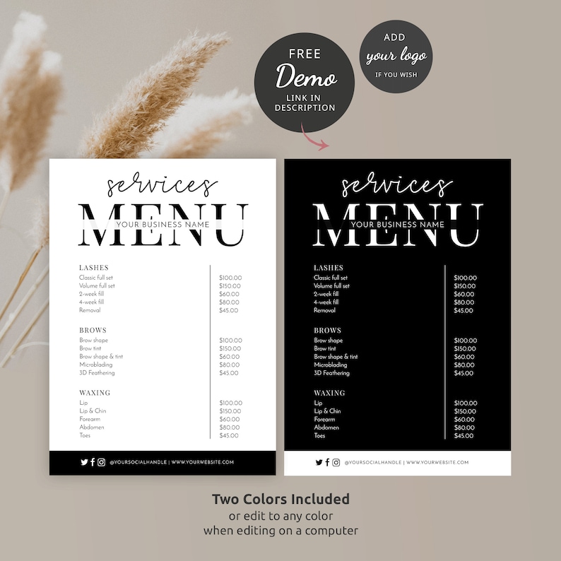 Minimalist Services Menu Template, Editable Beauty Price List, Hair ...