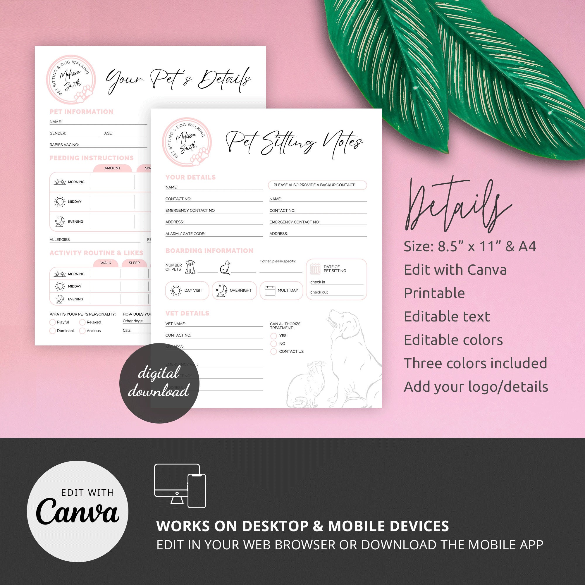 Pet Sitter Templates Canva, Custom Pet Boarding Forms, Printable Dog ...